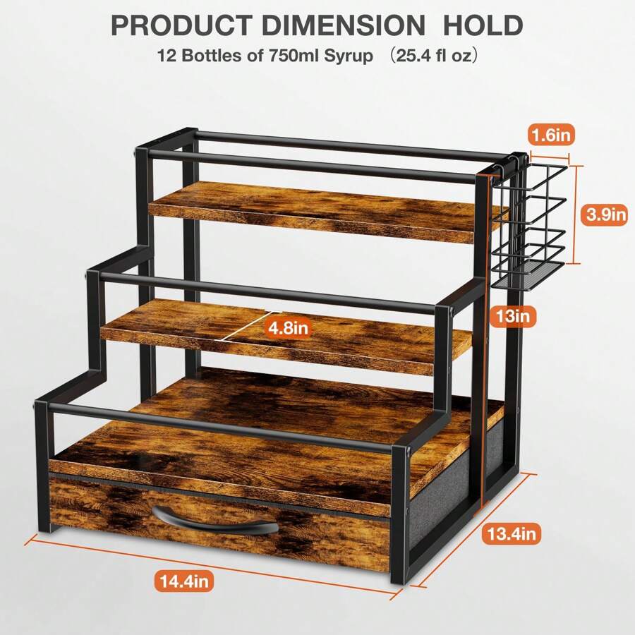 Coffee Syrup Organizer,Coffee Syrup Rack 3Tier With Drawer Coffee Syrup ...