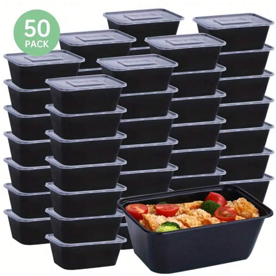 50pcs, 28oz Plastic Black Boxs With Lids, Rectangular Food Storage ...