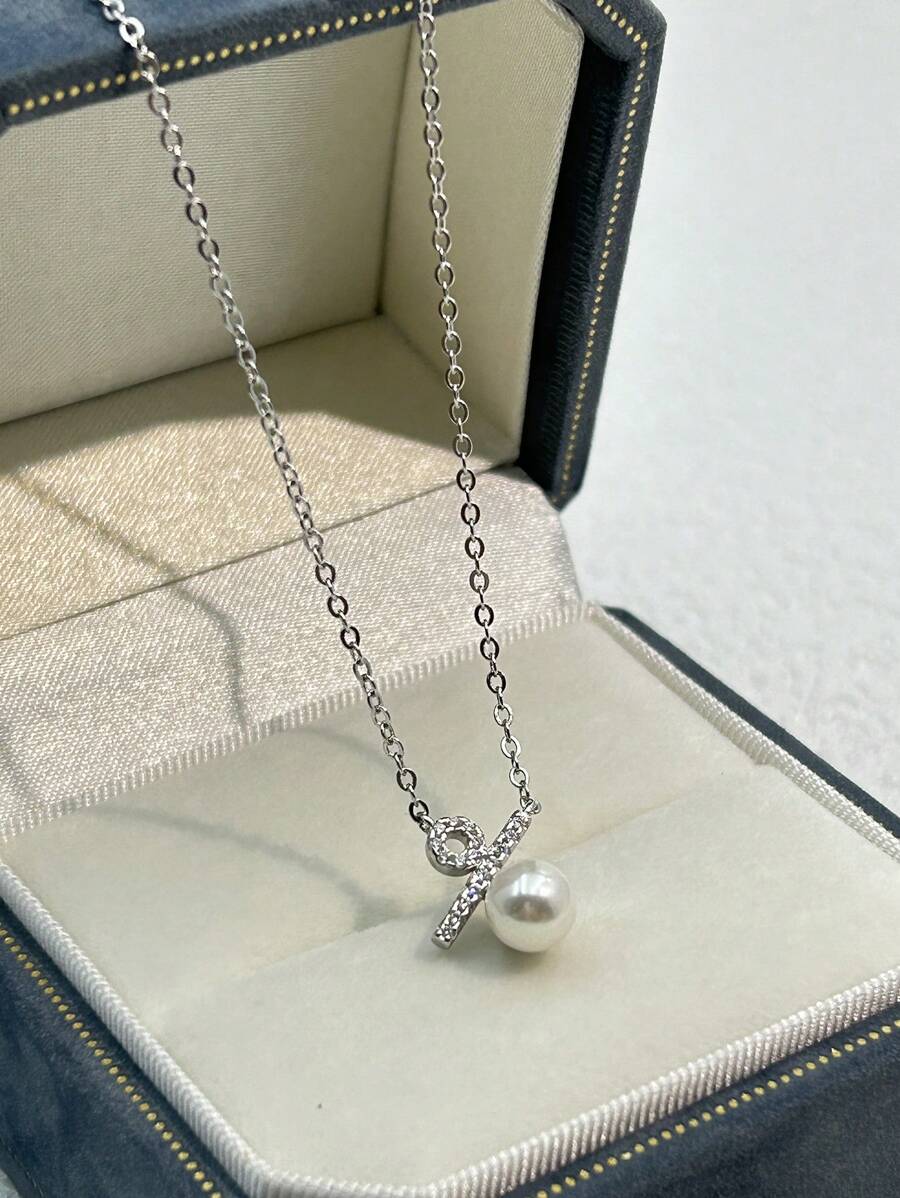 1pc Pure Silver Women's Cross Shaped Necklace, With Cultured Pearl And ...
