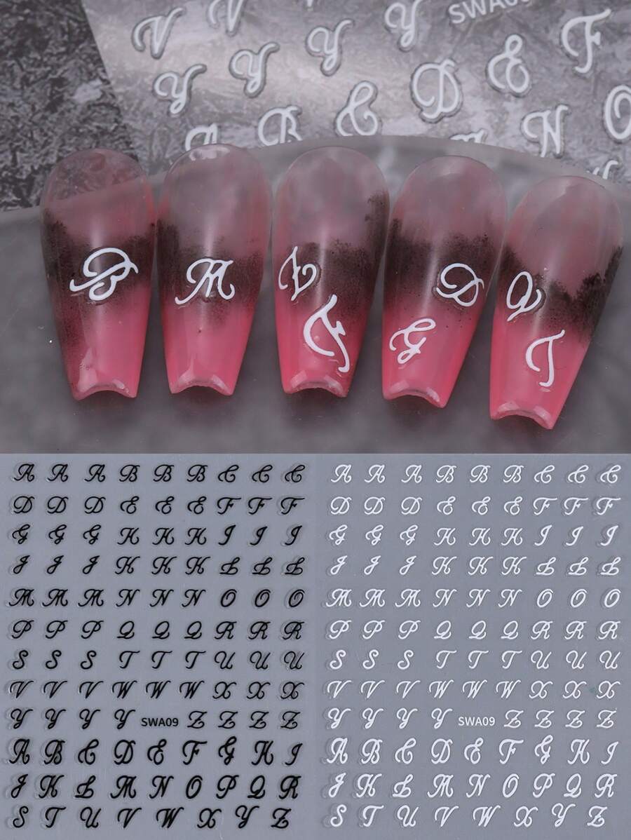 2 Sheets Letter Graphic Nail Art Stickers White Black Artistic English ...