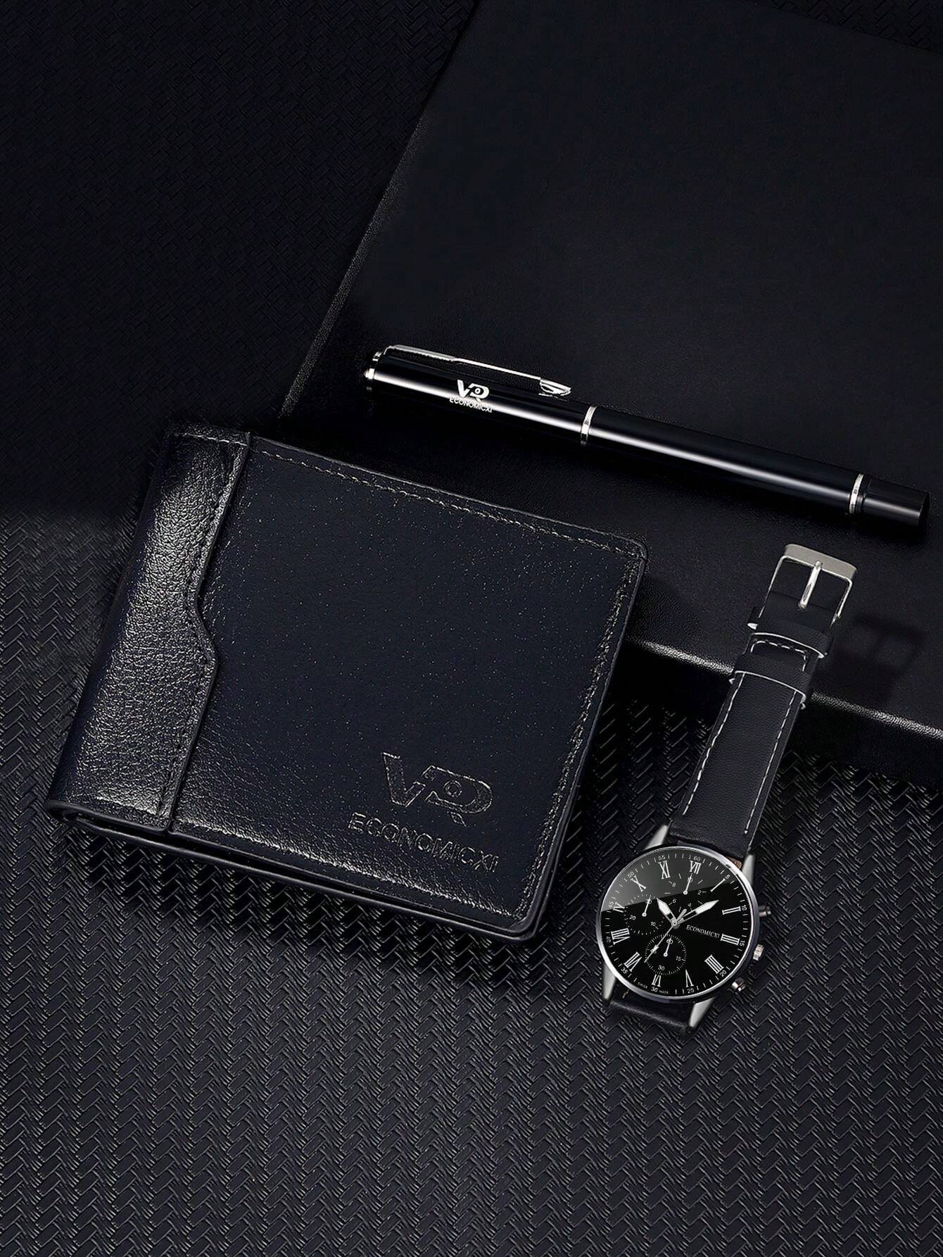 1pc Boys Casual Simple Geneva Scale Students Leather Quartz Watch +1pc ...