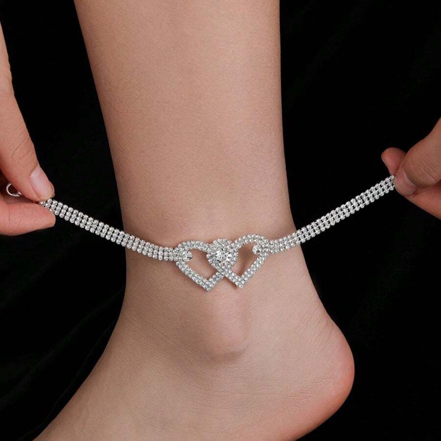 Personality Trendy Double Heart Design Fully Rhinestones Decor Shiny ...