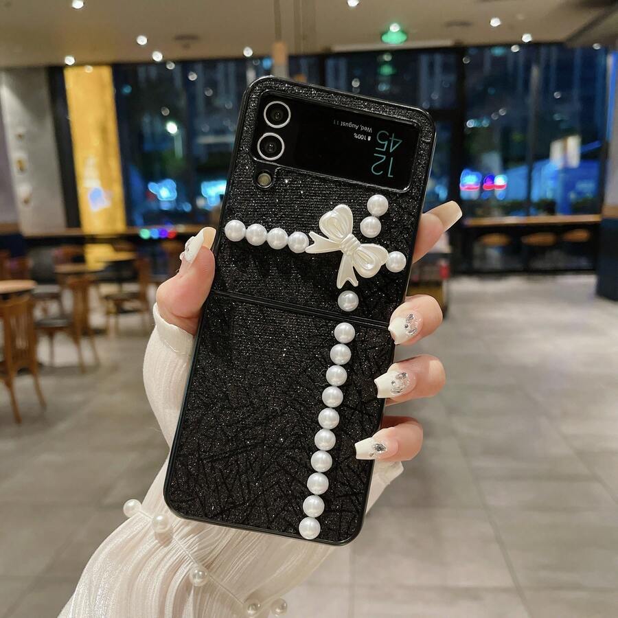1pc Black Pearl & Bowknot Design Flip Fold Phone Case For Galaxy Zflip ...