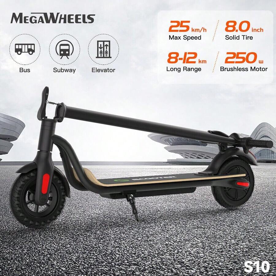 MEGAWHEELS S10BK Electric Scooter With 5.2Ah Battery, 250W Motor Supports 8-12km Range Per ...