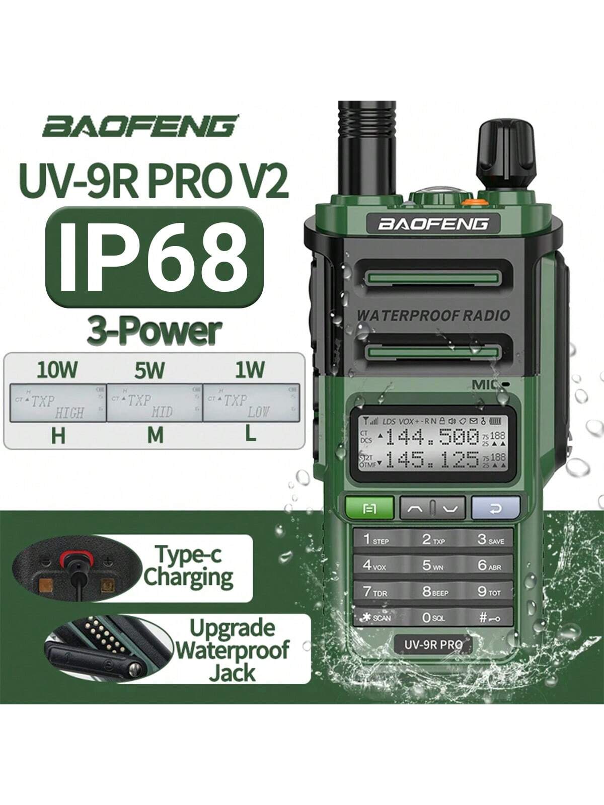 Baofeng UV-9R Pro V2 Waterproof Walkie Talkie IP68 Dual Band Type-C Charger Portable UHF VHF ...