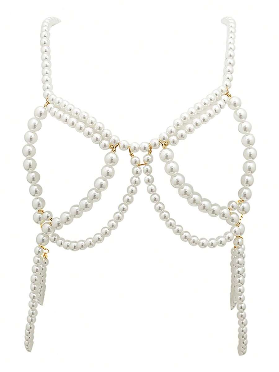 Sexy Body Chain Summer Beach White Layered Pearl Belly Body Chain Chain ...