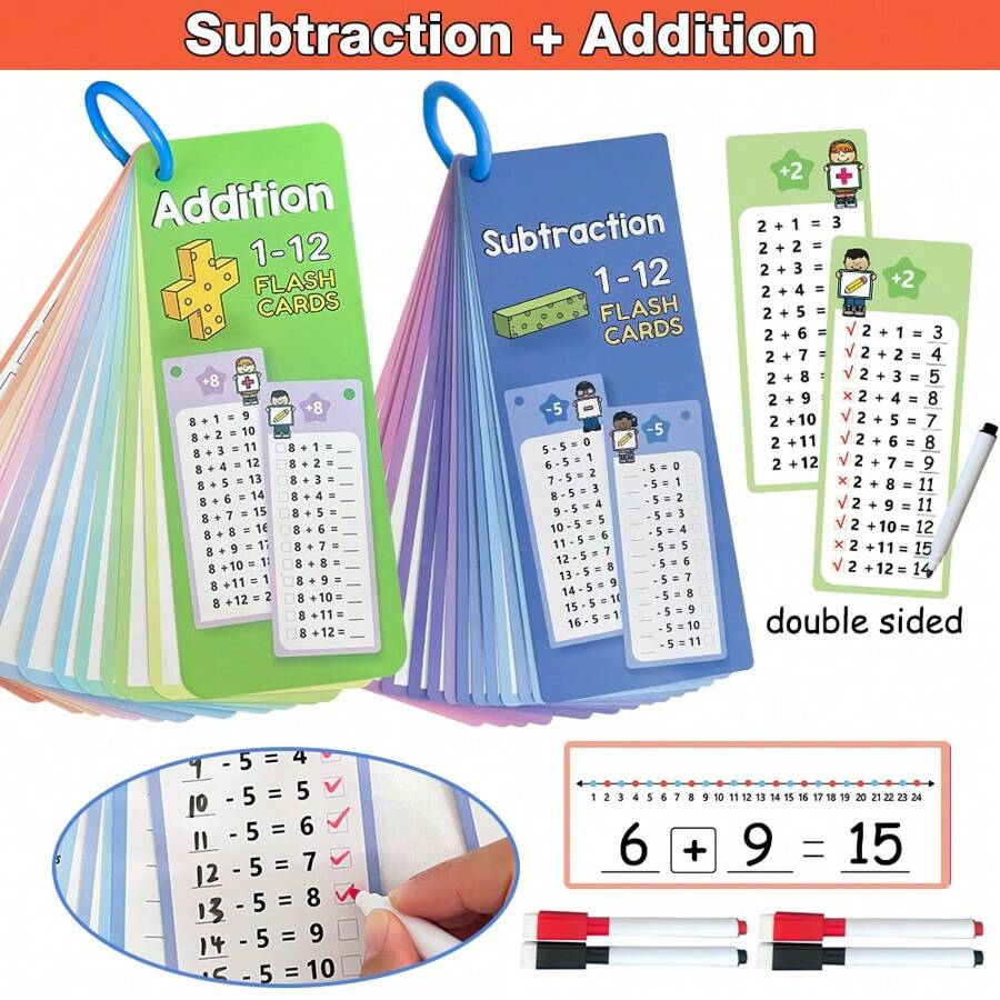 Kids Learning 1-12 Addition & Subtraction Flash Cards With Dry Erase ...