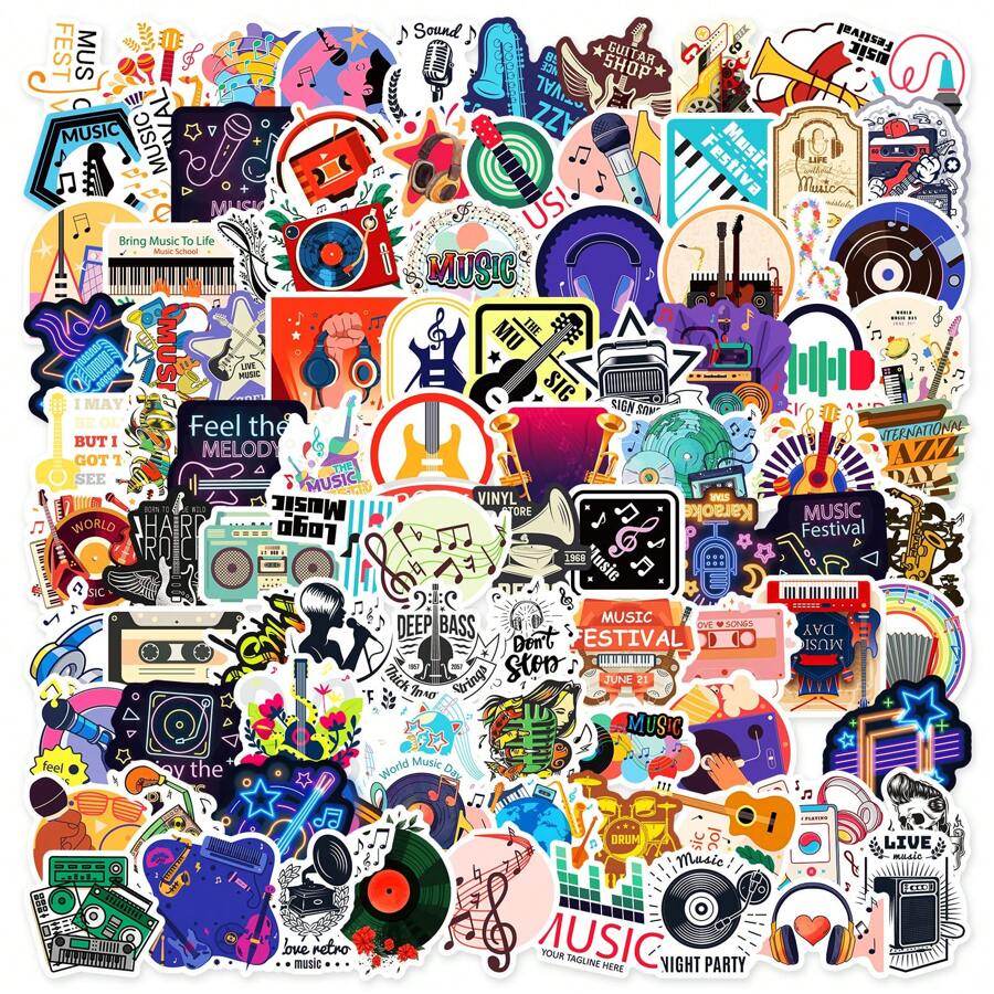 100Pcs Music Stickers, Cartoon Motivational Concert Vinyl Waterproof ...