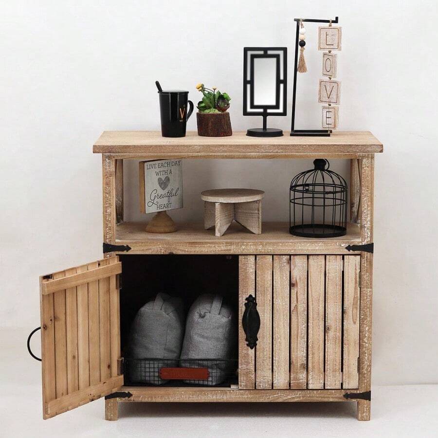 Parisloft Wood Slat Cabinet With 2 Doors, Natural Wood Storage Table ...