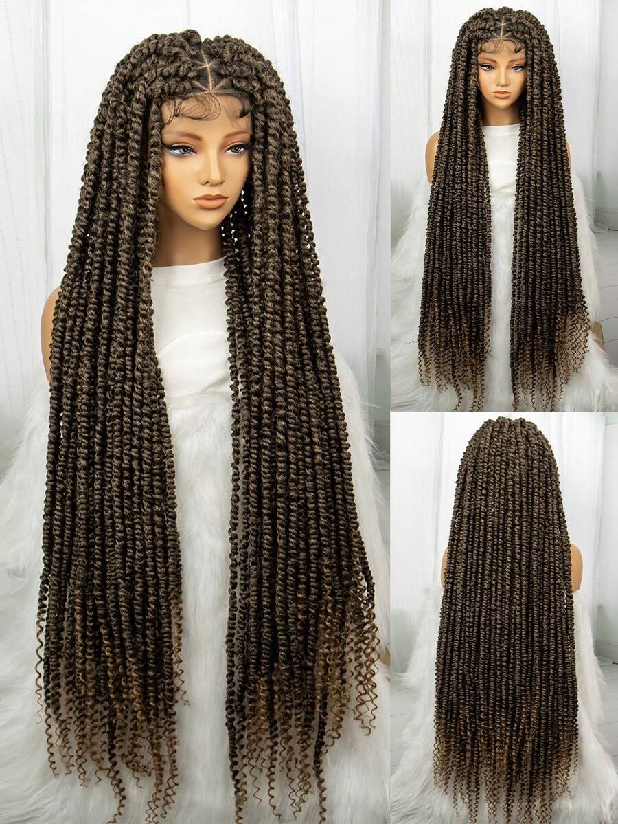 Extra Long Full Lace Twisted Braids Synthetic Wig, 200% Density, Lace ...