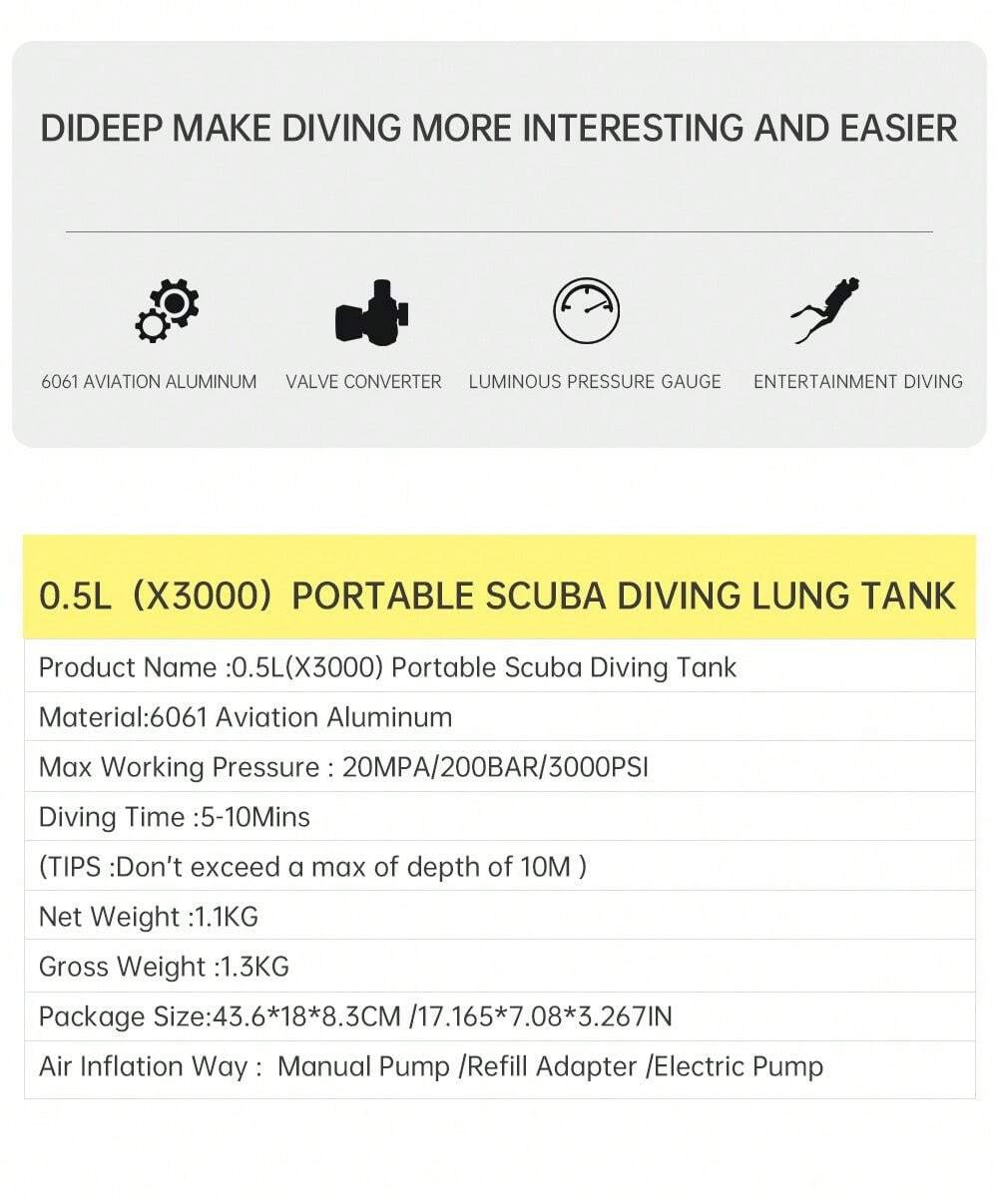 Scuba Tank DIDEEP 1L Mini Tank Diving Set With Breather Relief Valve ...