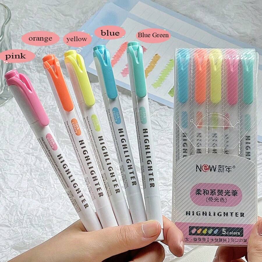 5-Pack Double Headed Fluorescent Pens, Marking Key Points, Non Halo ...