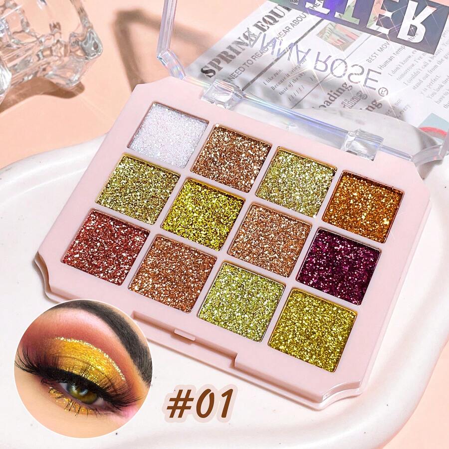 12 Colors Shimmer Eyeshadow Palette, Glittery High-Gloss High ...
