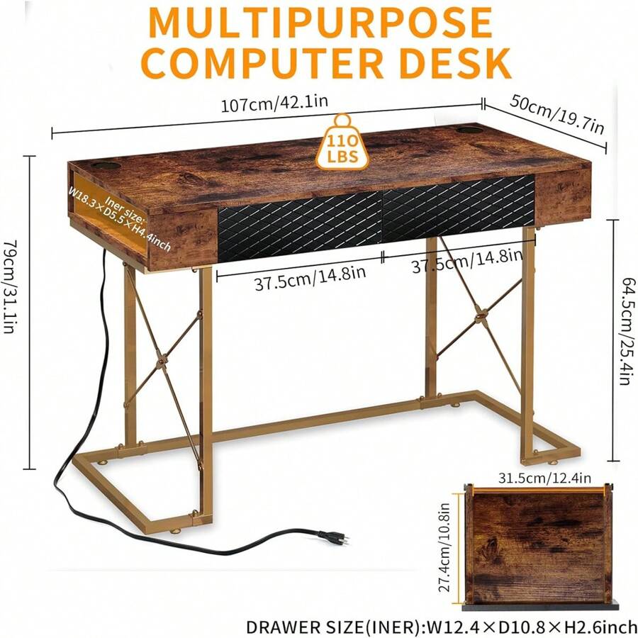 Walnut Small Desk With Drawers And Charging Station, Versatile 42 Inch ...