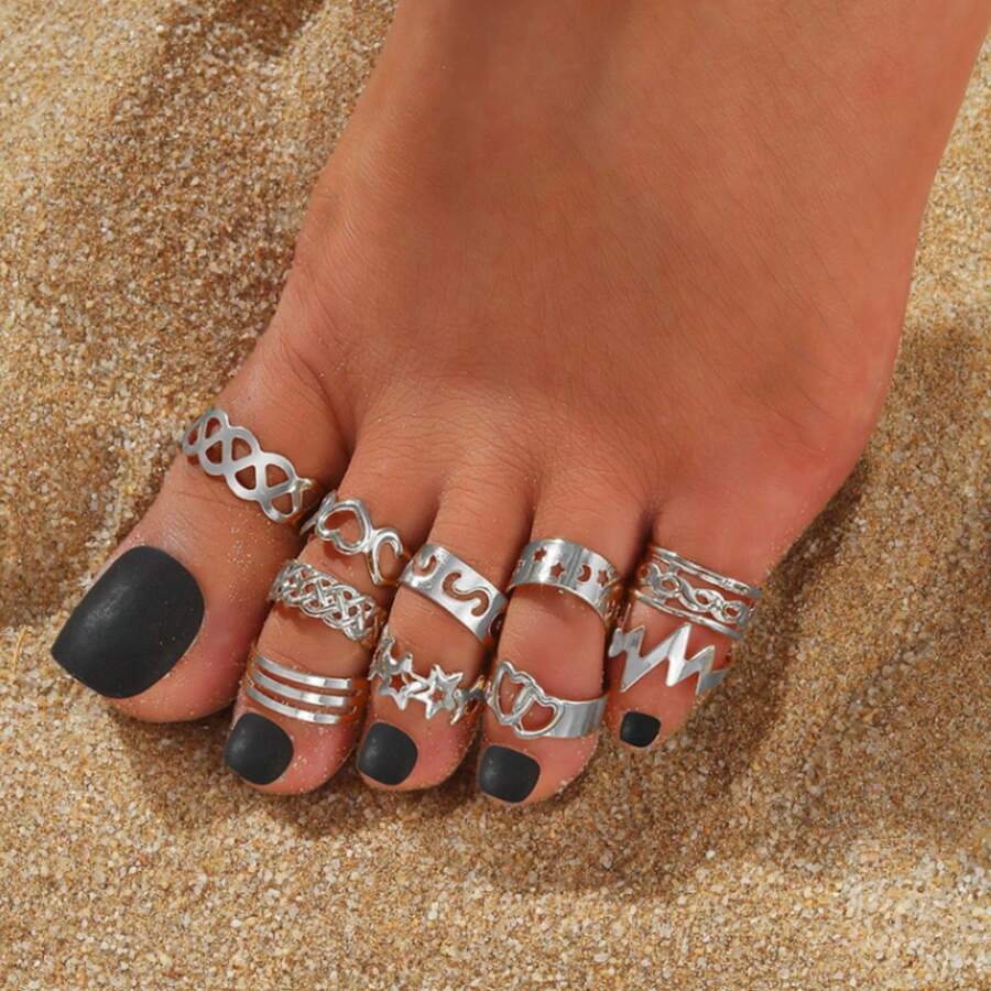 10 Pieces/Set Star Moon Open Foot Ring 10 Pieces Retro Serpentine ...