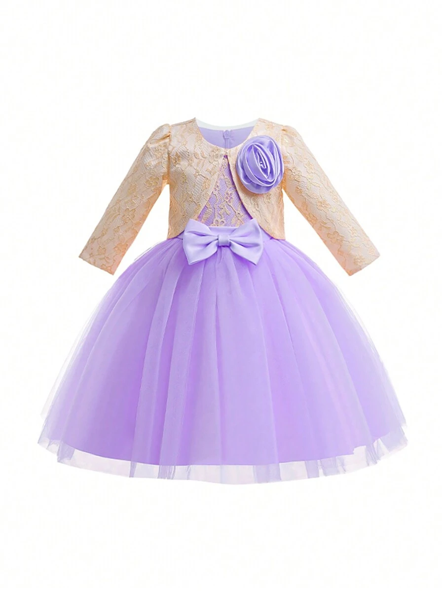 Young Girl Two-Piece Lace Long Sleeve Outerwear Mesh Flare Hem Party ...