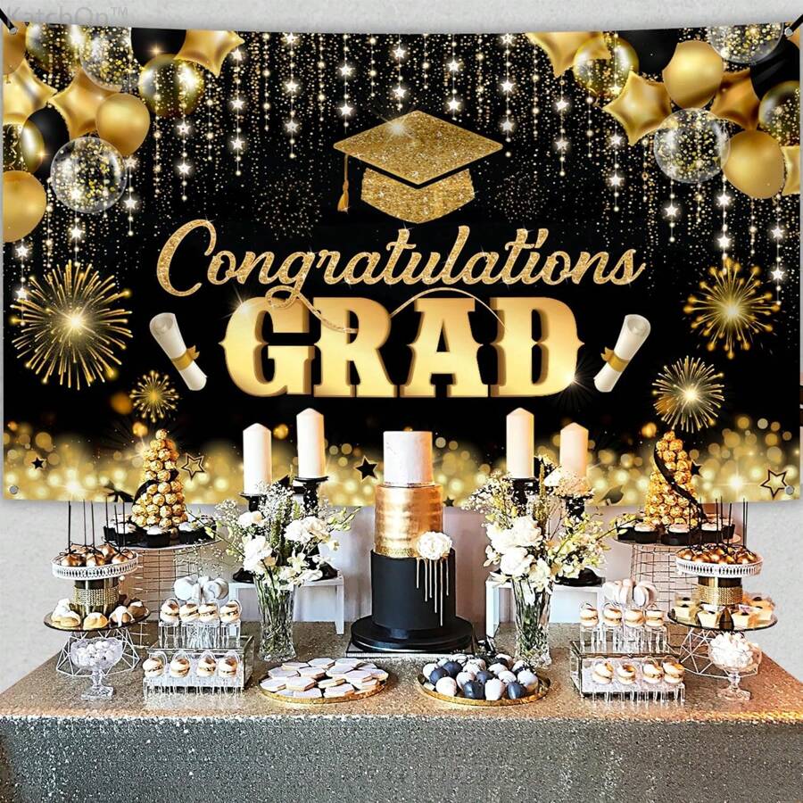 1pc Congratulations Grad Banner , 72x44 Inch | Glitter Black And Gold ...