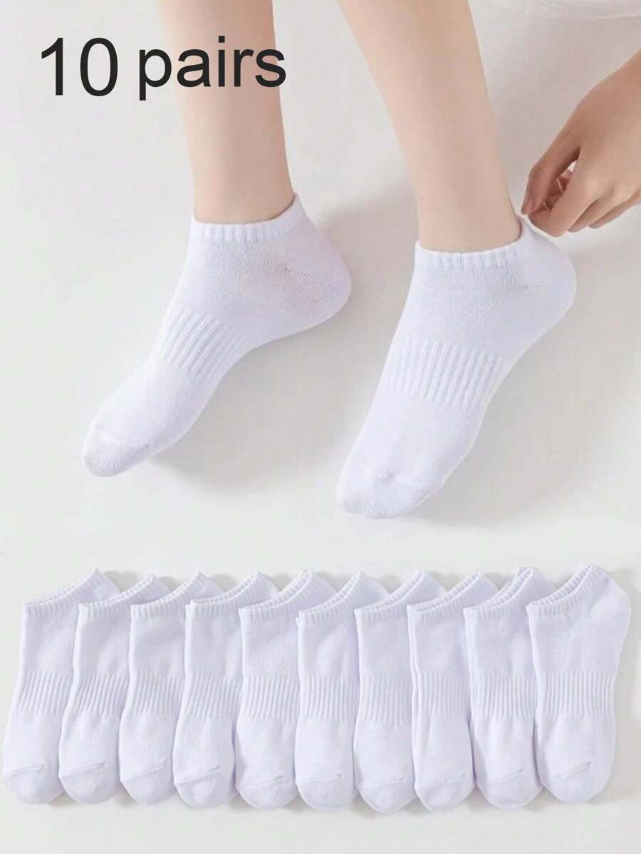 10 Pairs Women's Breathable And Versatile White Short Socks With ...