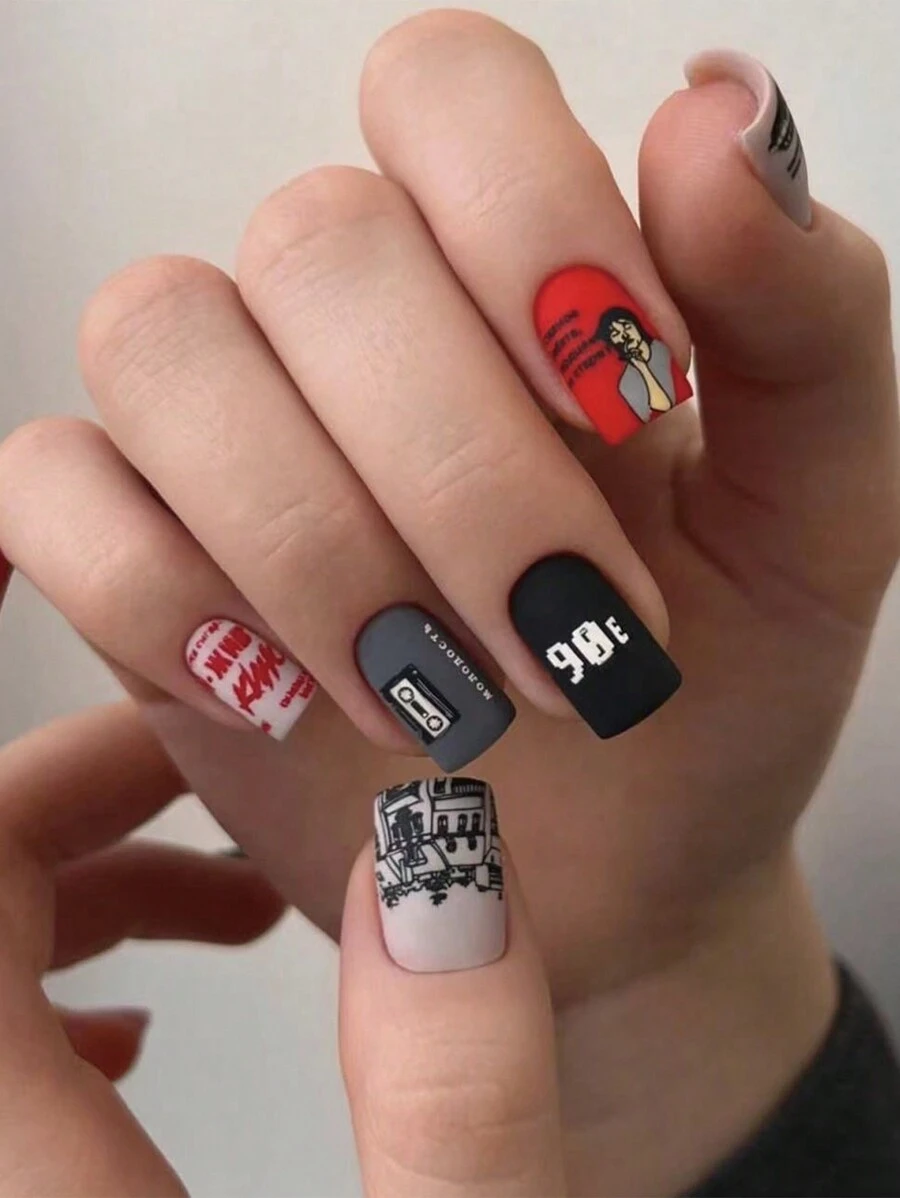 24pcs Short Square Ins Style Character Graffiti Cartoon Cute ...