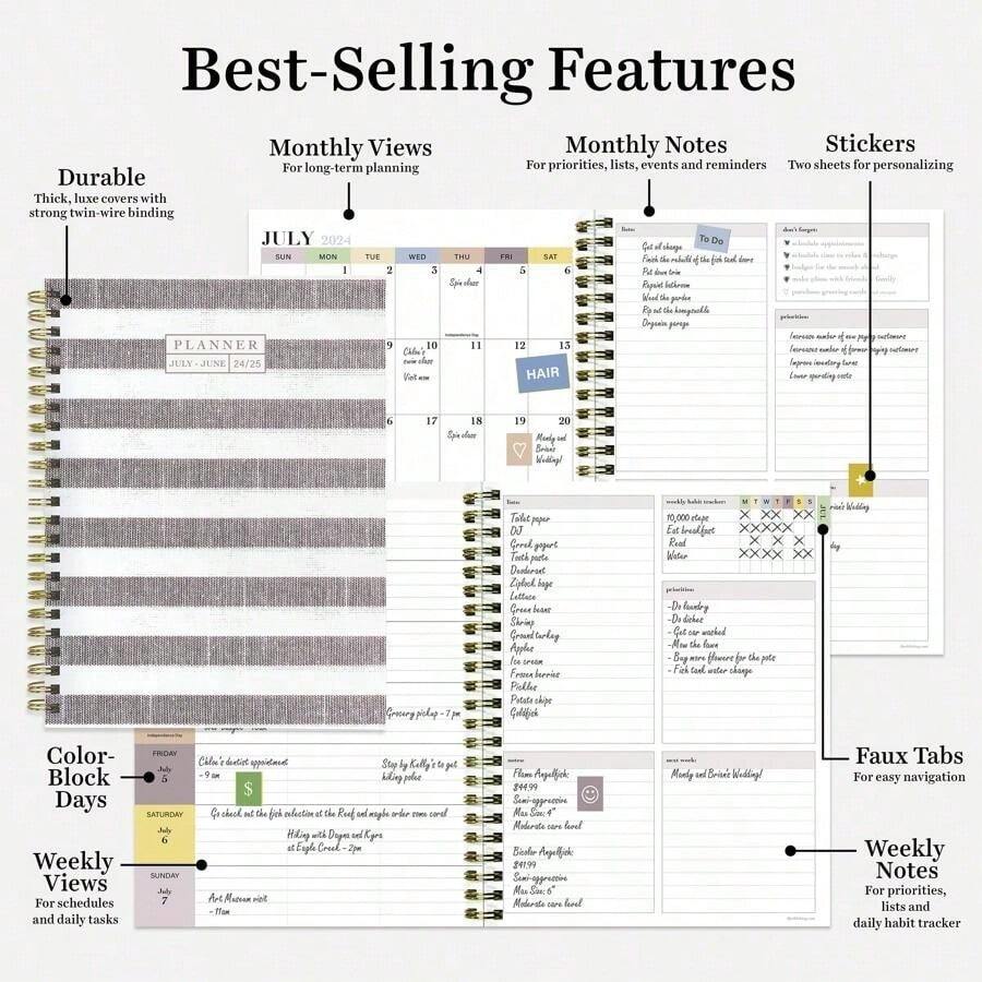 July 2024 - June 2025 Seersucker Stripe Medium Weekly Monthly Planner ...