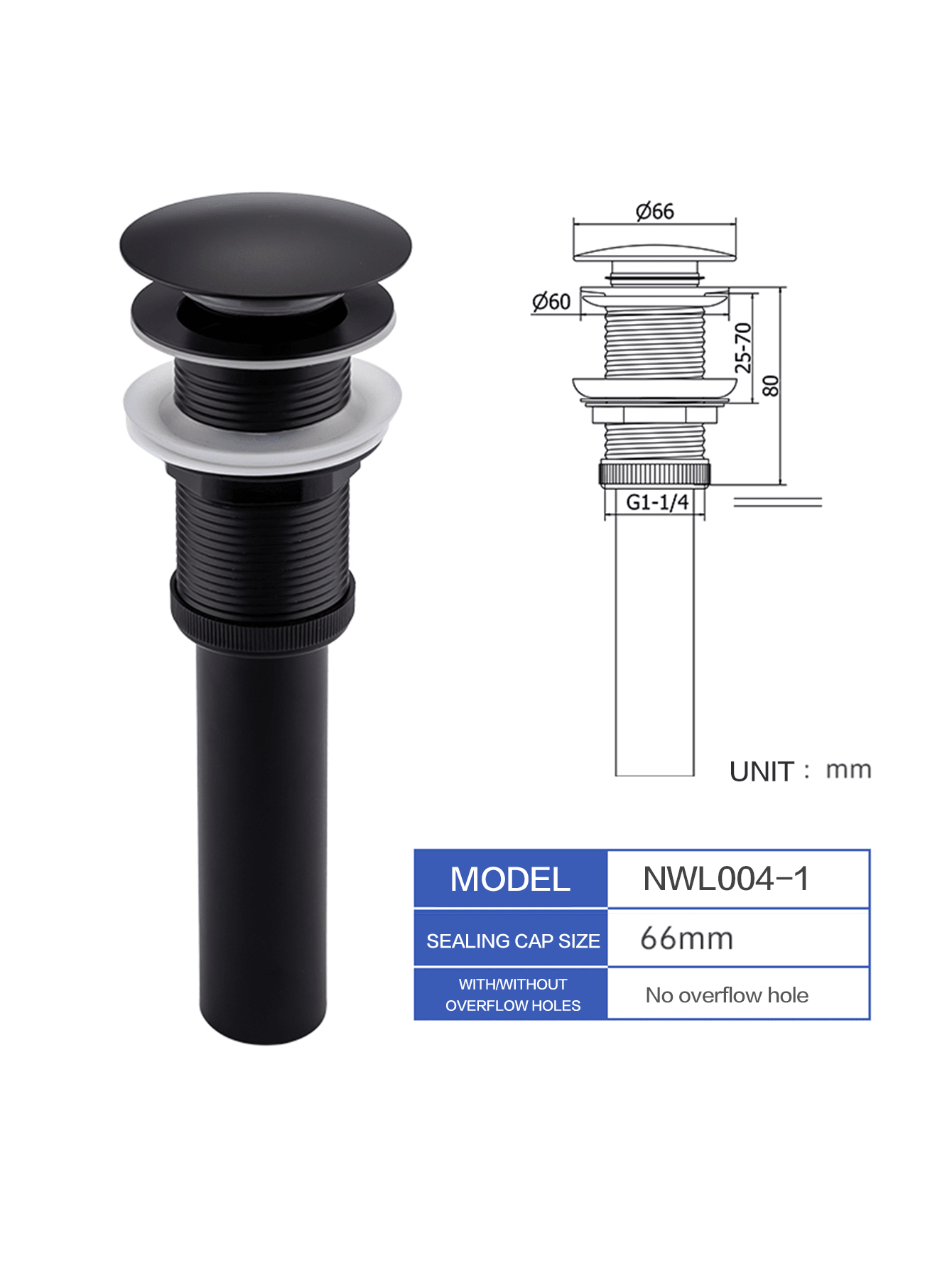 One Black Pop-Up Basin Drain With G1 1/4in (32mm) Interface, Brass Core ...