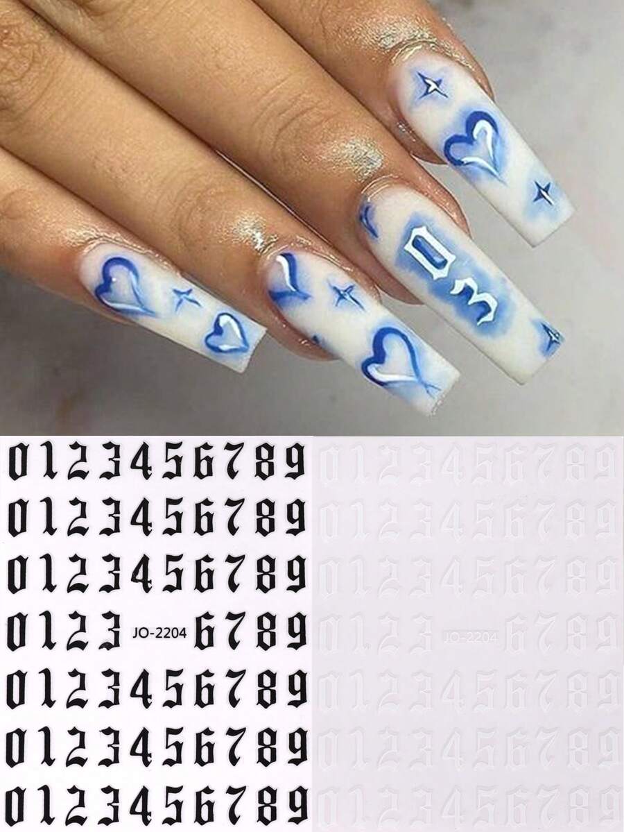 3D Number Nail Stickers 2pcs Black White Gothic Retro Alphabet Letter ...