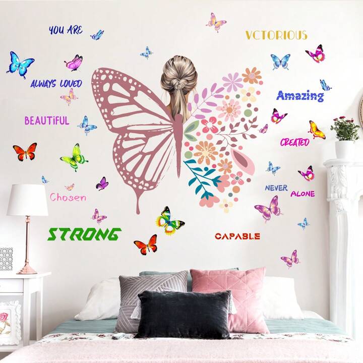 1PC Beautiful Girls Inspirational Quotes Wall Sticker Peel And Stick Wall Decals Removable Vinyl Butterfly Flowers Wall Sticker For Bedroom Living