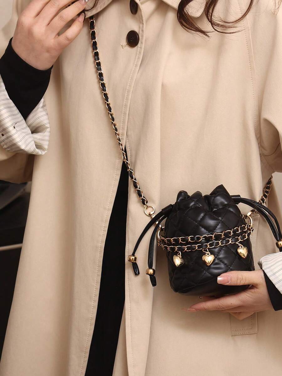 Mini Casual Chain Bucket Bag With Embroidered Diamond Pattern Or Check ...