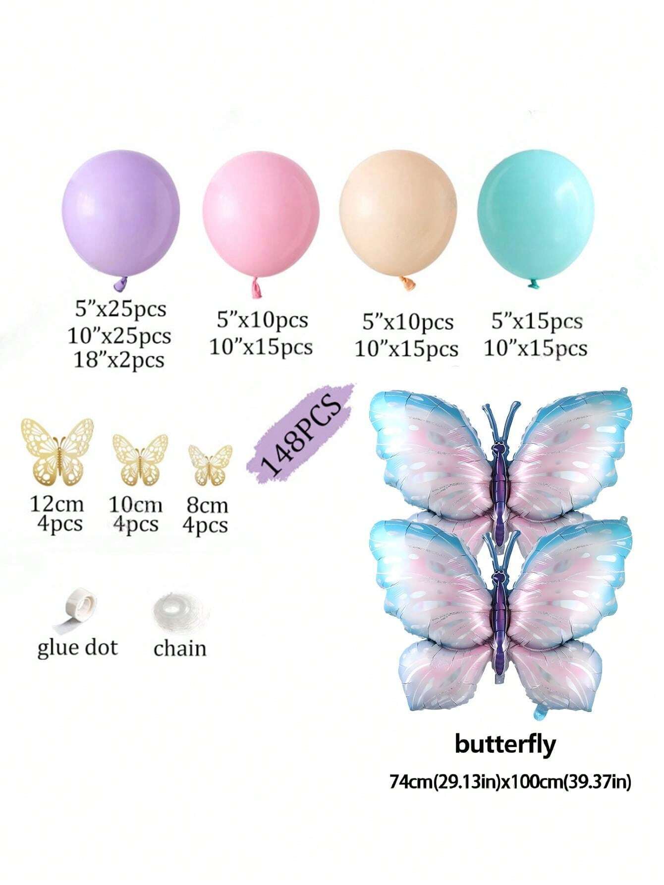 148pcs Butterfly Balloons Set, Including Macaron Pink & Purple Latex ...