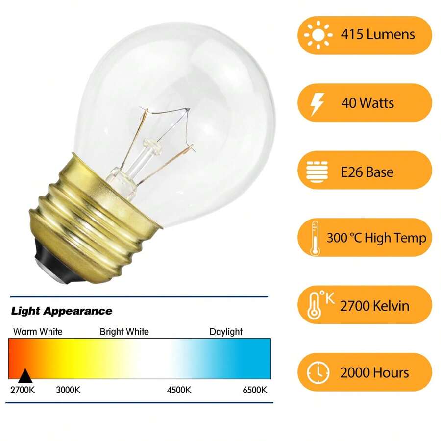 Oven Light Bulb 40 Watt, G45 Clear - High Temp 120V 415 Lumens E26 ...