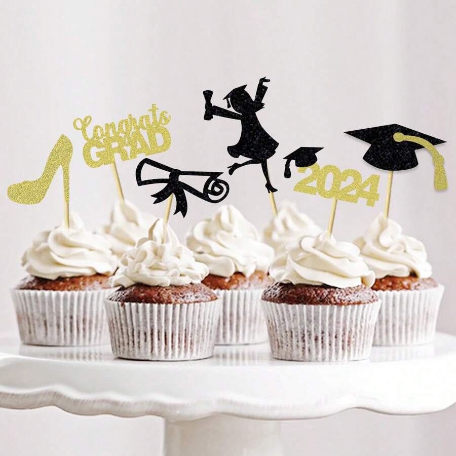 2024 Graduation Theme Cake Toppers Set Of 12, Including 6 Different ...