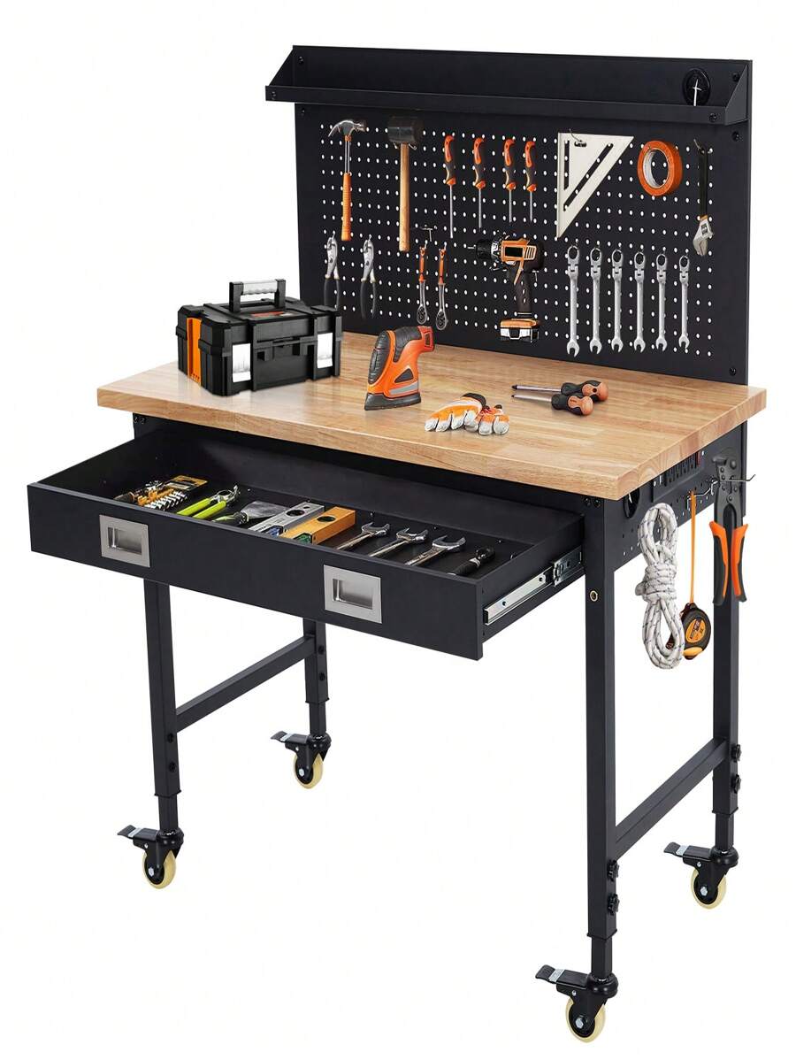 Adjustable Work Bench, 48" X 24" Rubber Wood Shop Table With Wheels ...