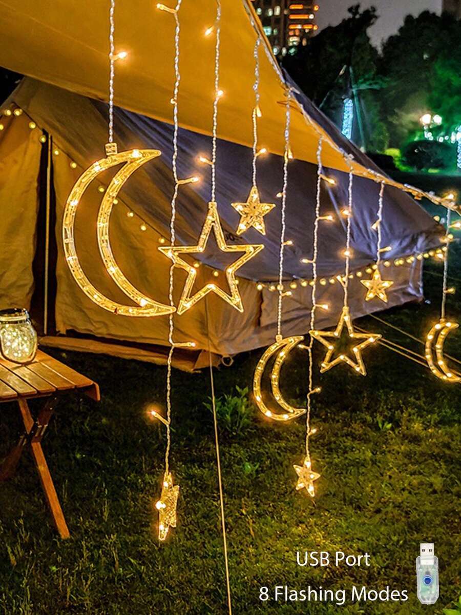1pc Led Curtain Light With Stars And Moons Design, Usb Plug, 8 Flashing ...