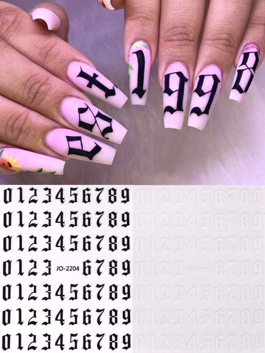 3D Number Nail Stickers 2pcs Black White Gothic Retro Alphabet Letter ...