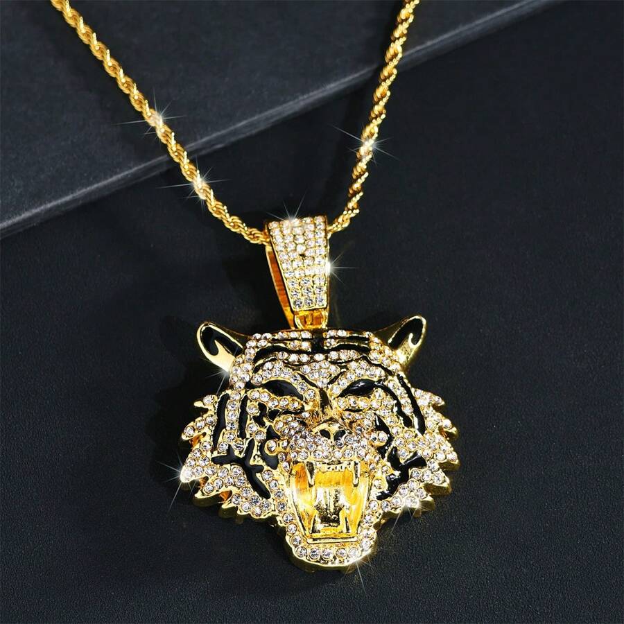 1pc Fashion Hip Hop Tiger Pendant Necklace For Men With Crystal Chain ...
