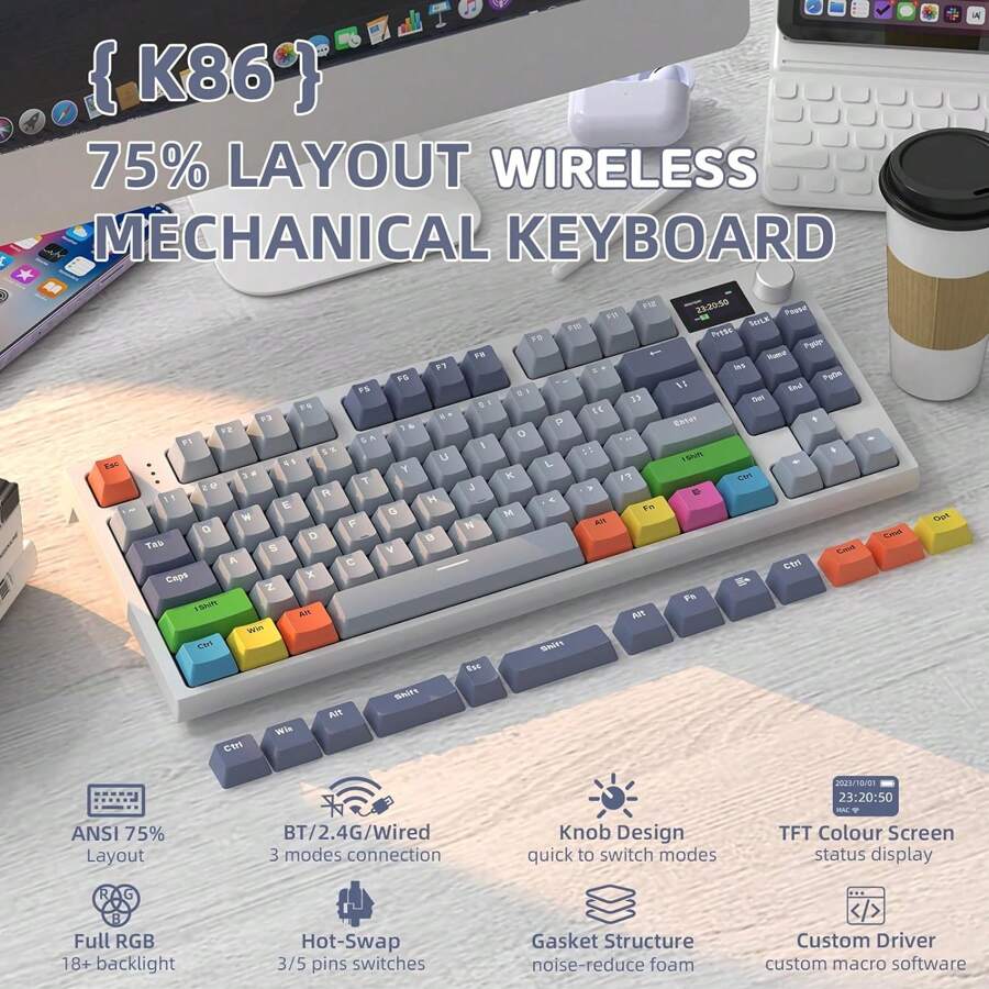 ATTACK SHARK RK86 Wireless Mechanical Keyboard Apex Pro TKL 75%, 2.4G ...