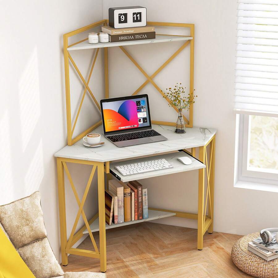 Gymax Corner Desk Space-Saving Computer Desk W/ Shelves & Keyboard Tray White | SHEIN USA