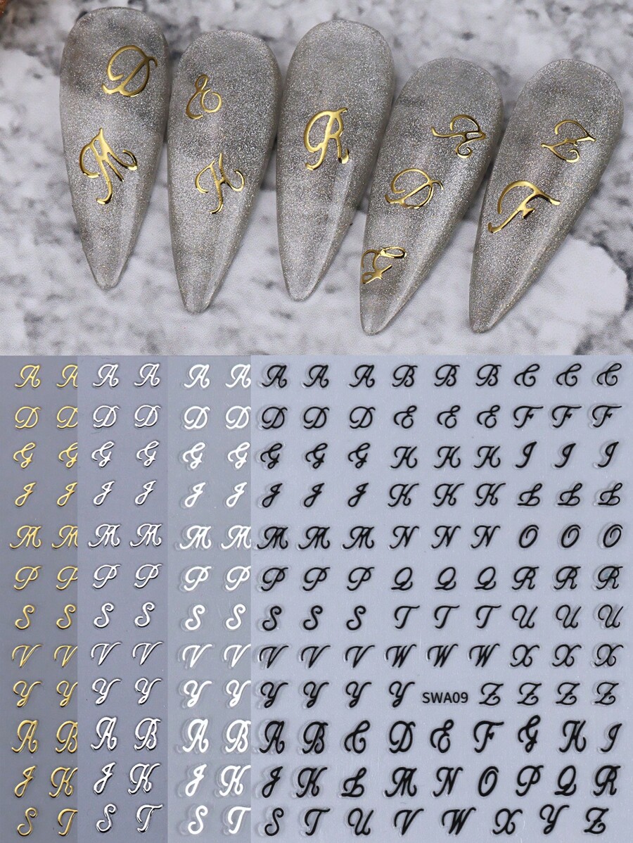 3D Alphabet Nail Stickers 4pcs Black White Gold Silver Gothic Retro Art ...