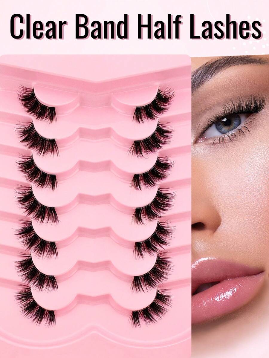 7 Pairs Half Lashes Cat Eye With Clear Band Wispy False Eyelashes ...
