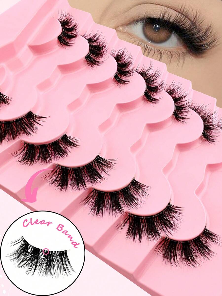 7 Pairs Half Lashes Cat Eye With Clear Band Wispy False Eyelashes ...
