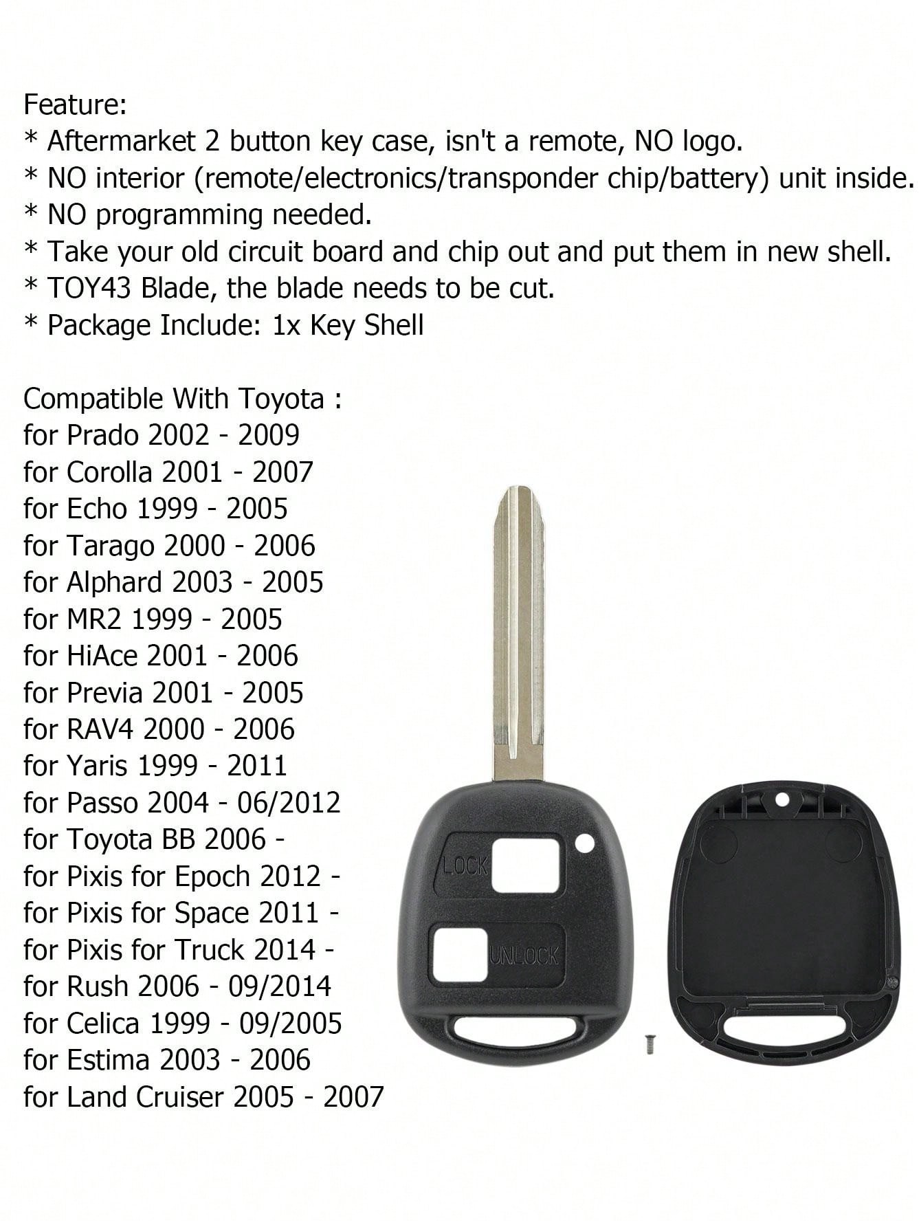 2 Buttons Remote Car Key Fob Case Shell Replacement TOY43 Blade For ...