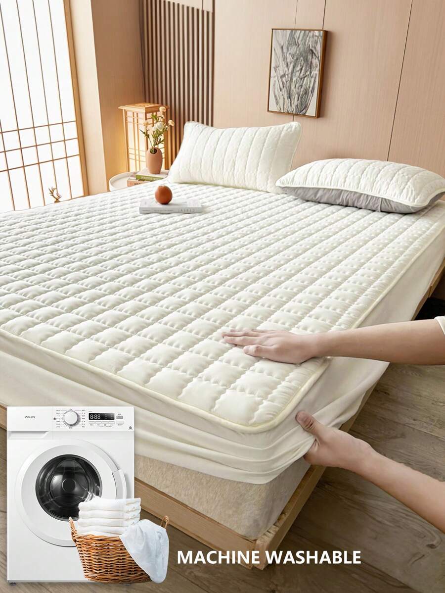 1pc Quilted Fitted Sheet, Solid Color Mattress Protector, All-Round ...