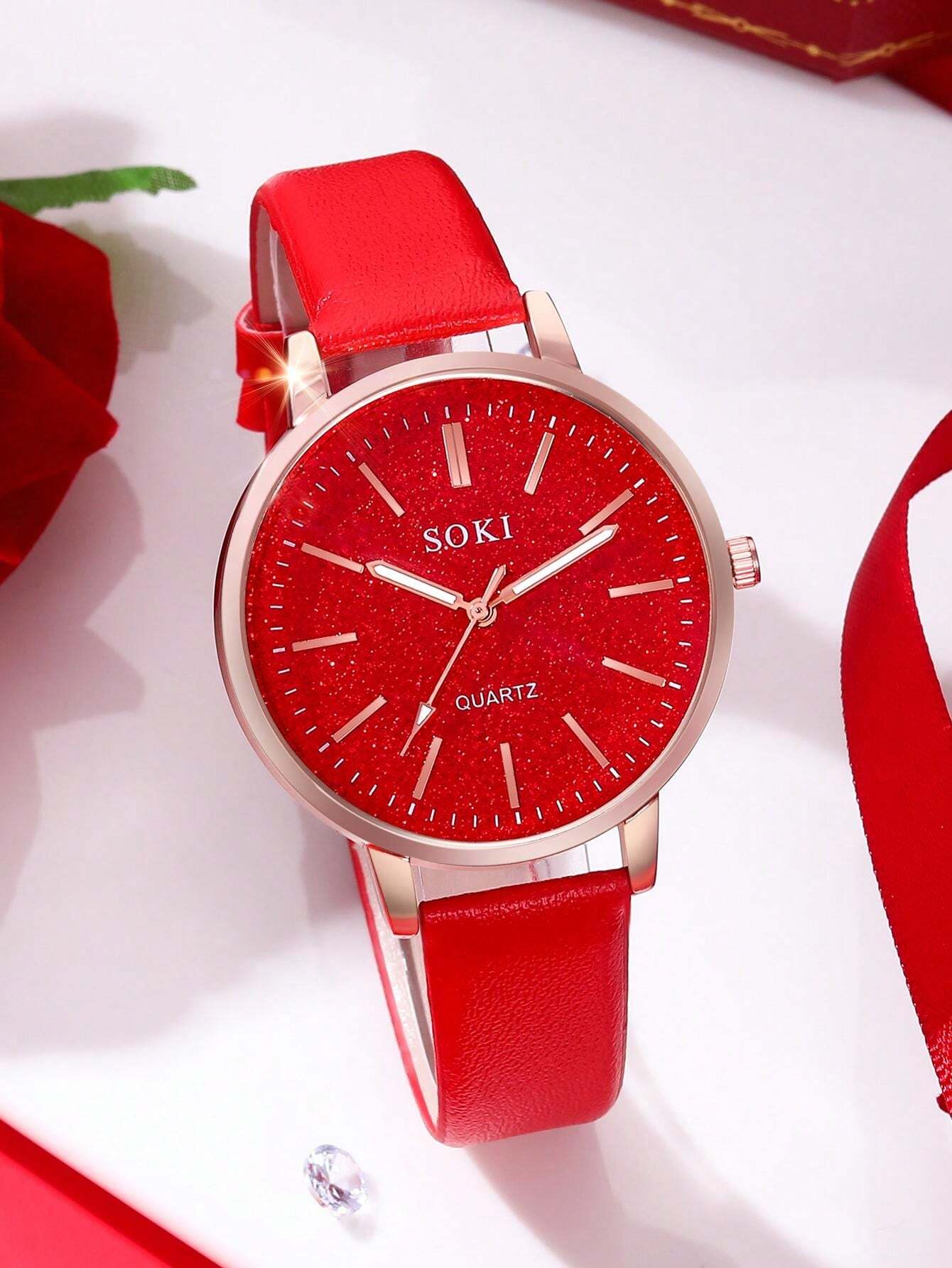 Ladies Watch 5pcs/Set Women's Red Pu Leather Strap Fashionable Casual ...