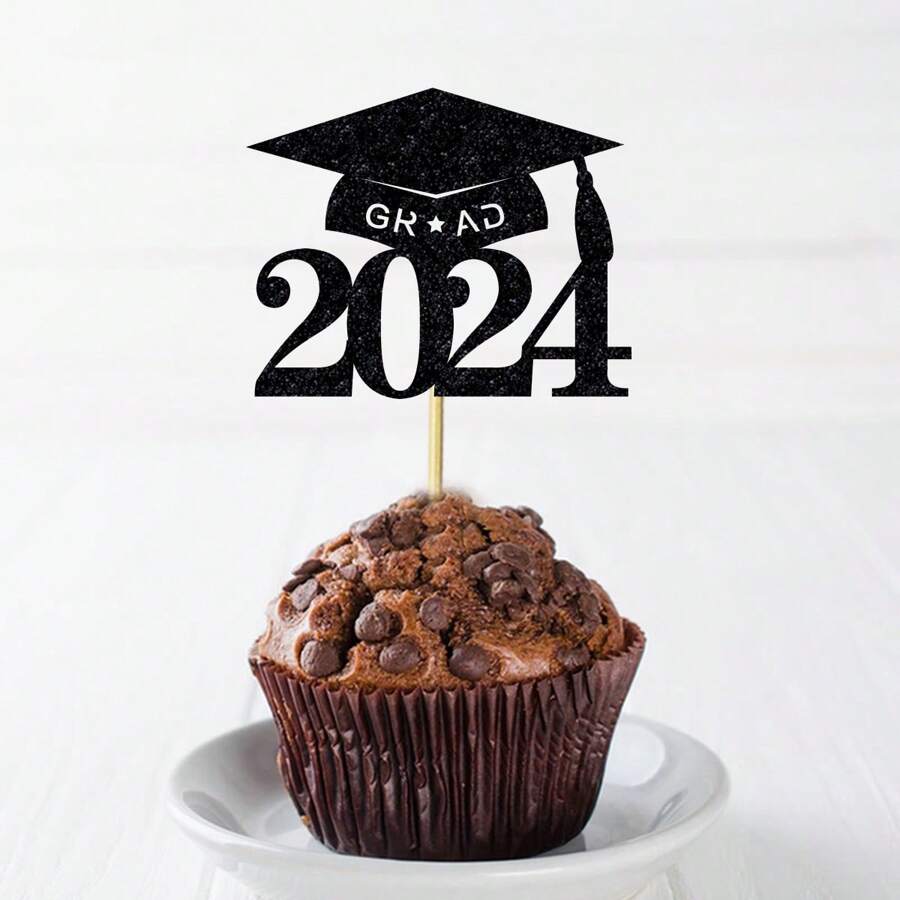 12pcs Black 2024 Grad Cap Paper Cake Toppers, Congratulation On 2024 ...