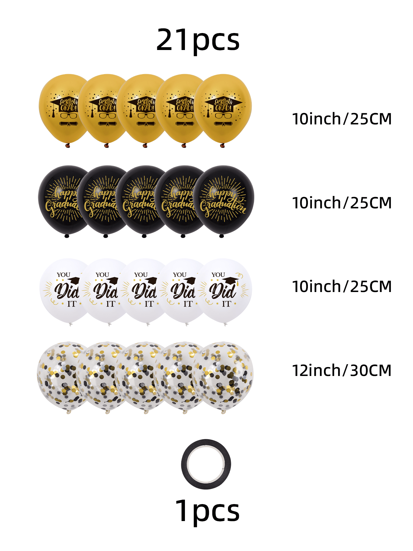 21pcs Black, Gold & Multicolored Paper Confetti, Latex Balloon ...