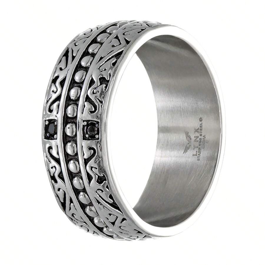 Lynx Men's Antique Finish Stainless Steel Etched Design Ring With Black ...