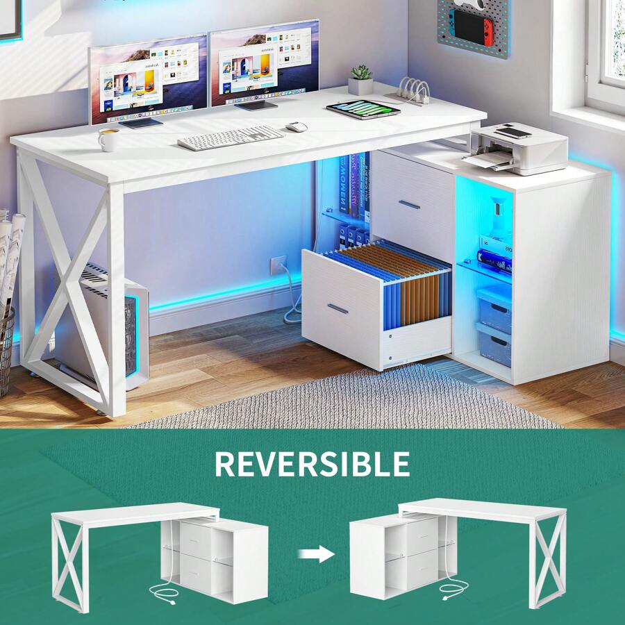 L Shaped Desk With Power Outlets & File Cabinet, 55" Reversible Corner ...