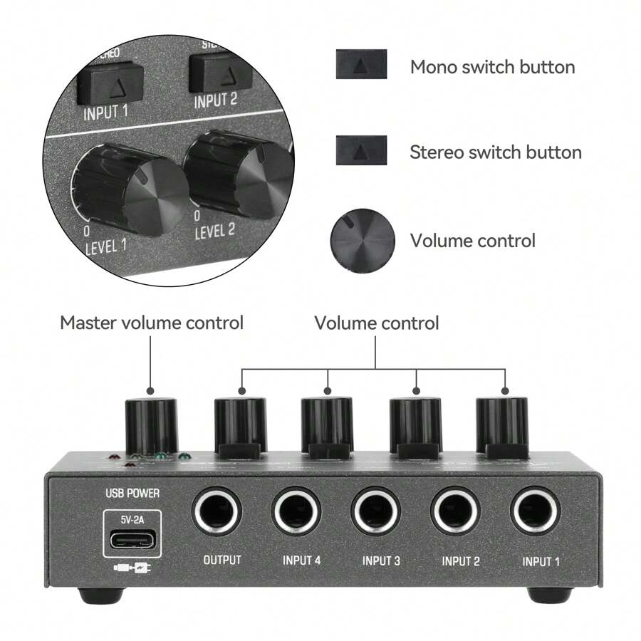 Asmuse 4 Channel Audio Mixer, Low-Noise Mini Stereo Line Mixer, DC 5V ...