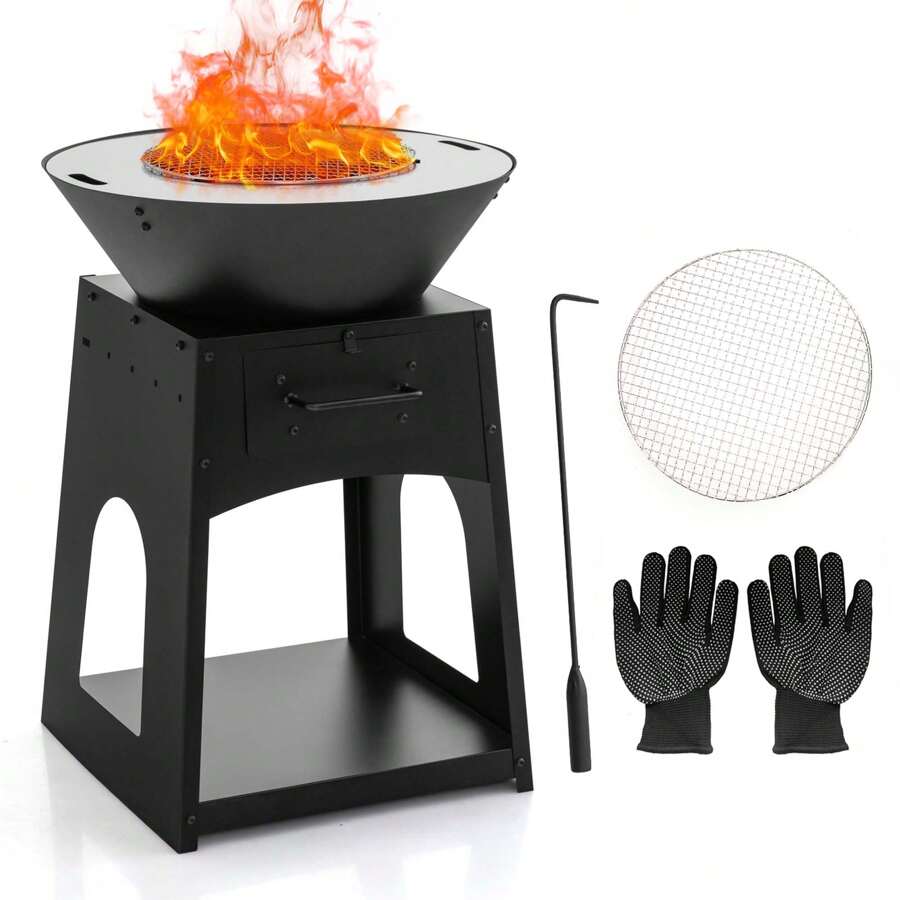 24" Heavy Duty Fire Pit With Firewood Rack Fire Poker Gloves Grilling ...