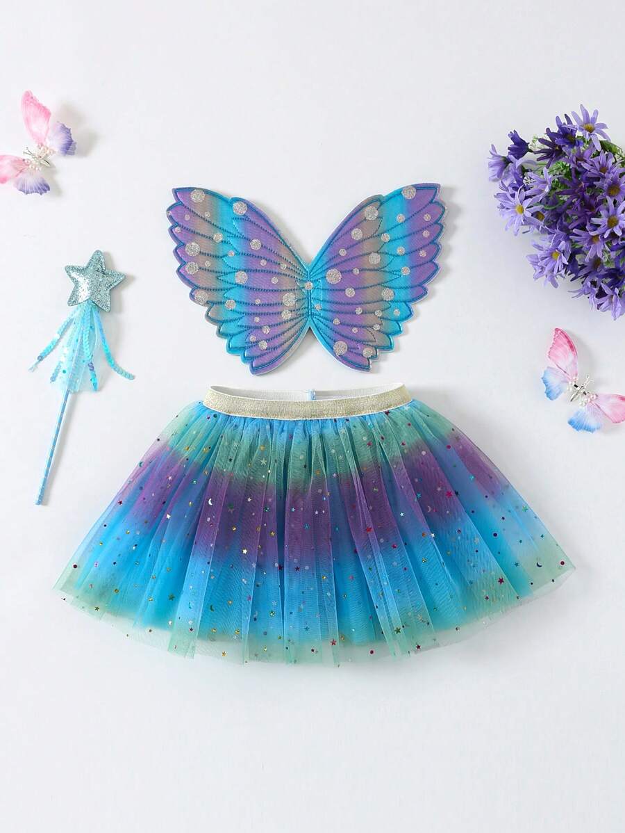 Young Girl Star And Moon Mesh Skirt With Butterfly Wings, Fairy Stick ...